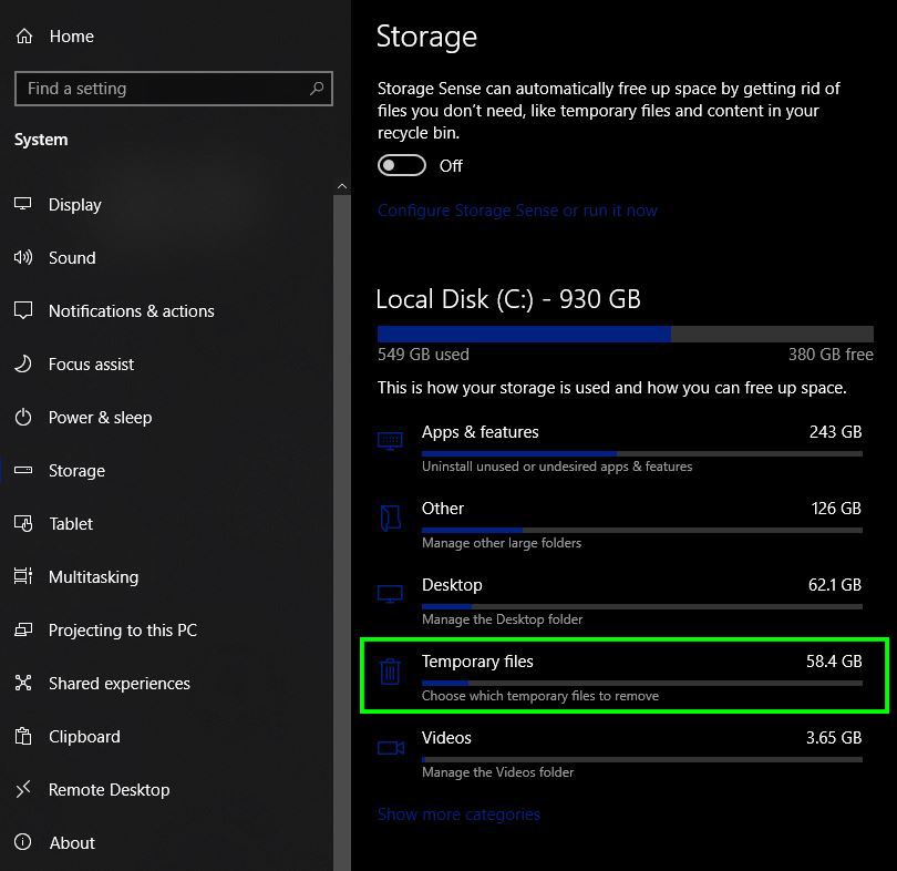 w10 - %temp%, temp, recent, prefetch, browser all cleared. Storage ...